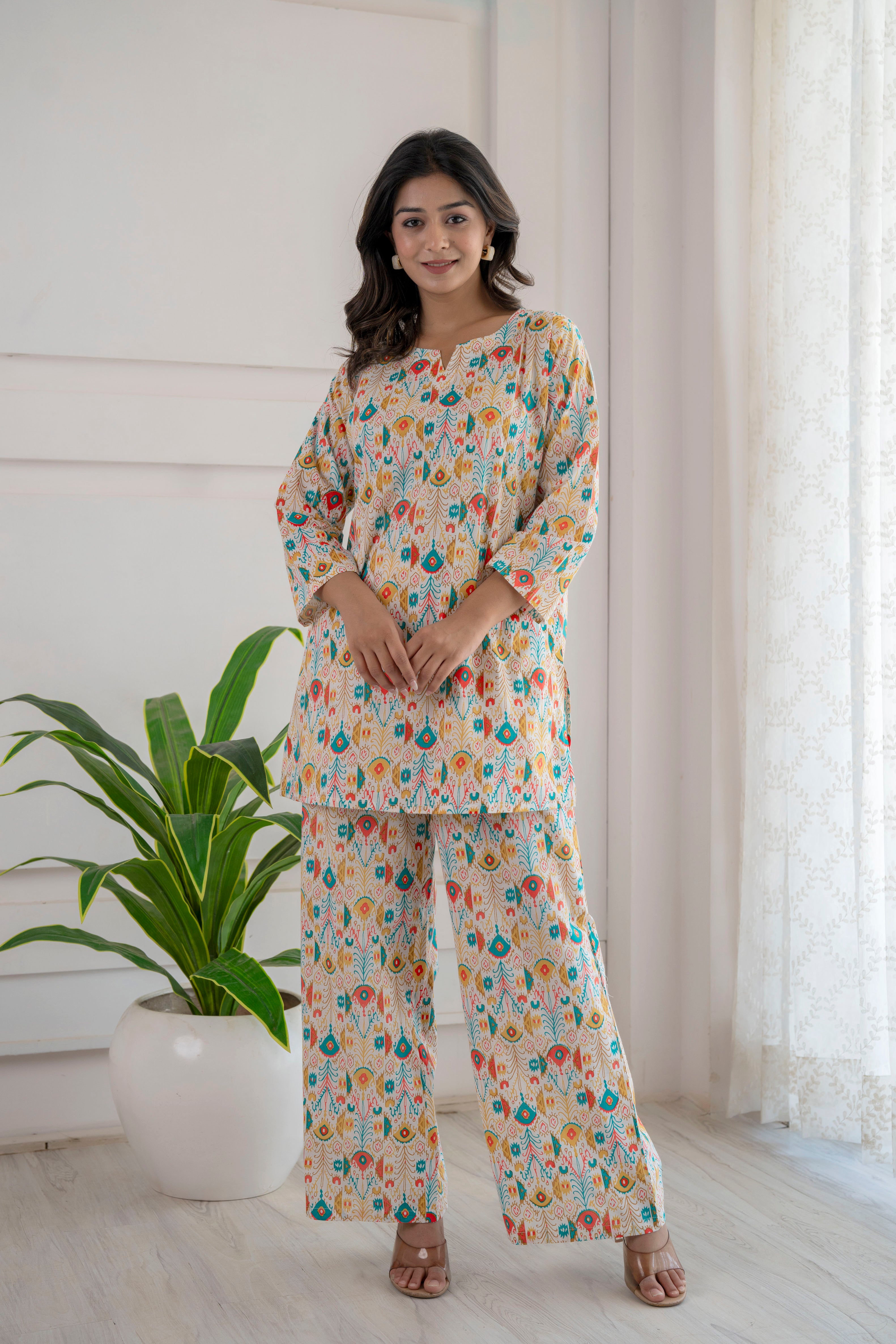 Prismatic White Cotton Loungewear Co-ord Set – Kalikii India